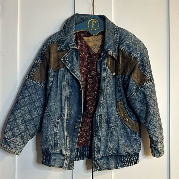giacca | Jackets & Coats | Vintage Giacca Acid Wash Denim Leather ...